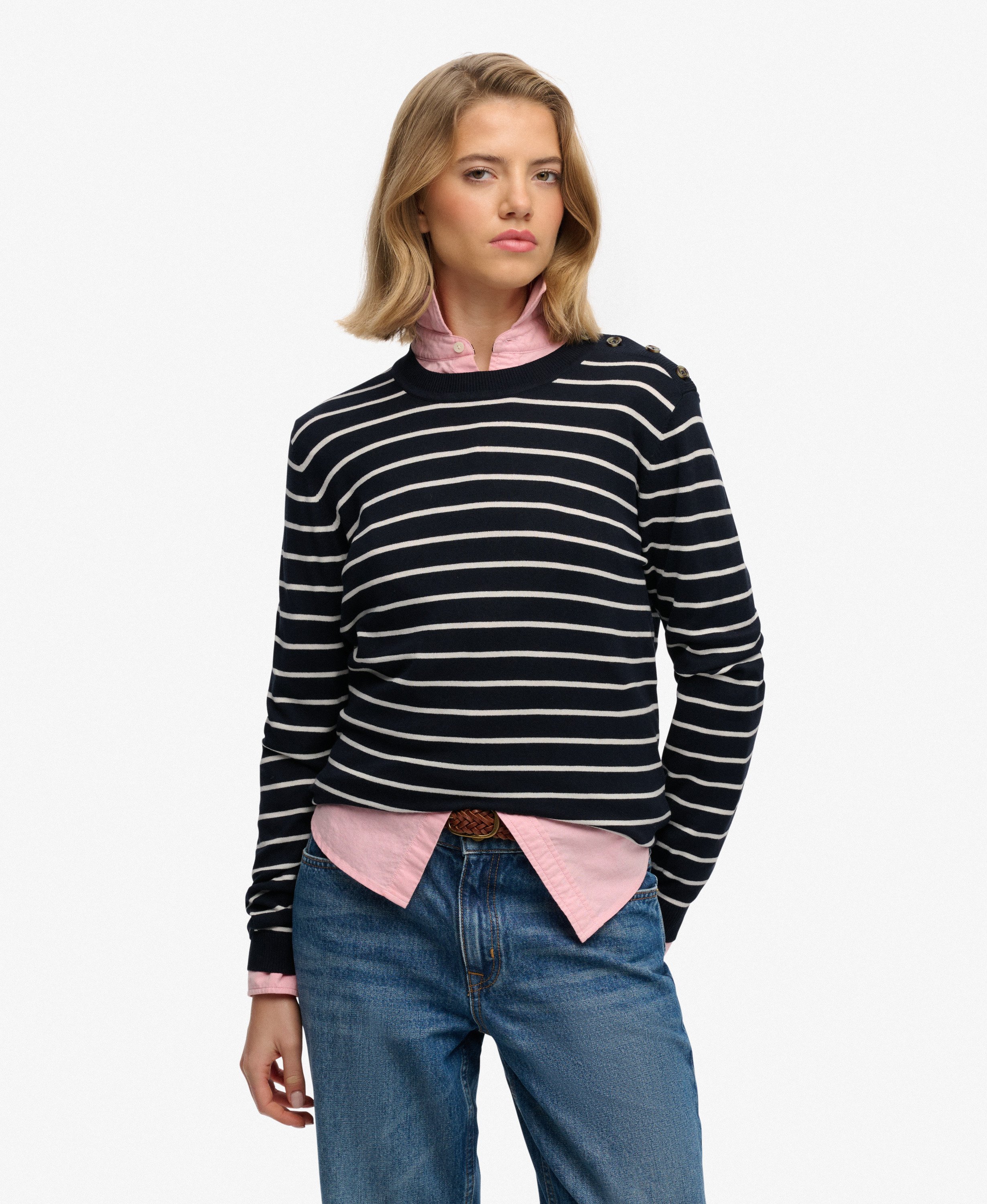 womens Lightweight Essential Jumper in Optic Eclipse Navy Stripe ...