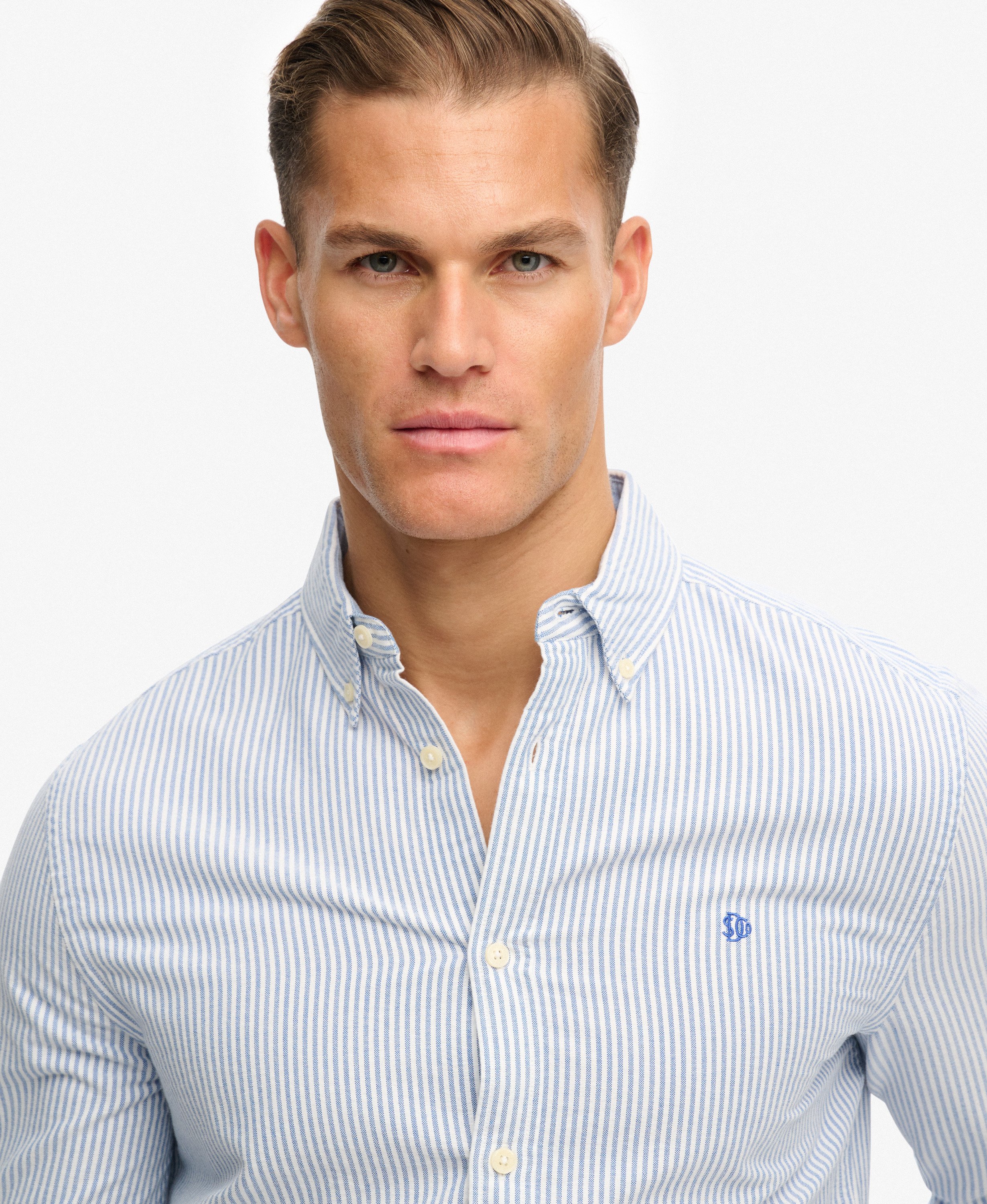 mens Preppy Oxford Long Sleeve Shirt in Azure Blue Chalk Stripe ...