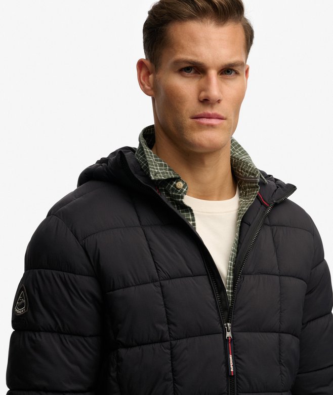 mens Hooded Box Quilt Fuji Lite Jacket in Black | Superdry UK