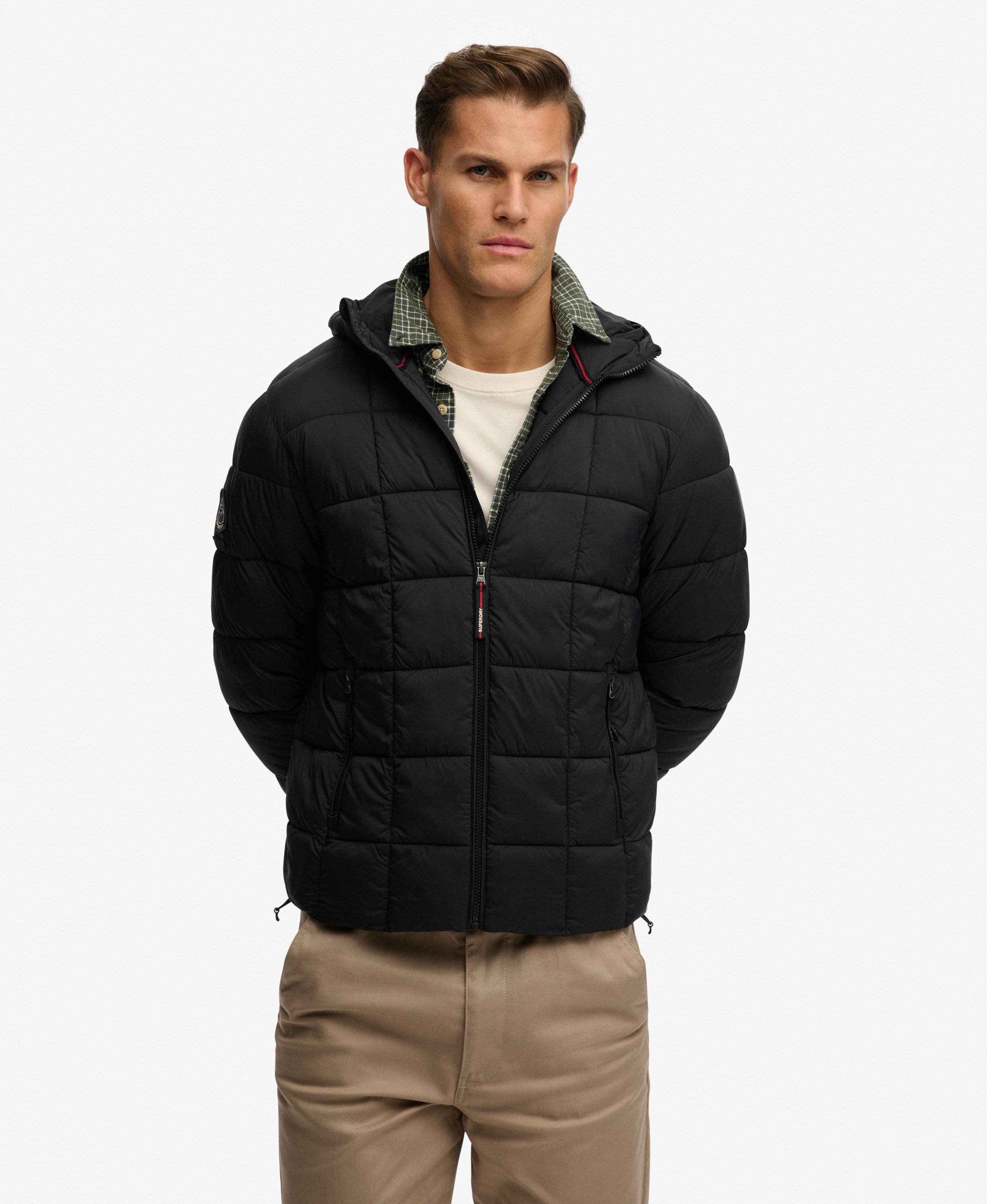mens Hooded Box Quilt Fuji Lite Jacket in Black | Superdry UK