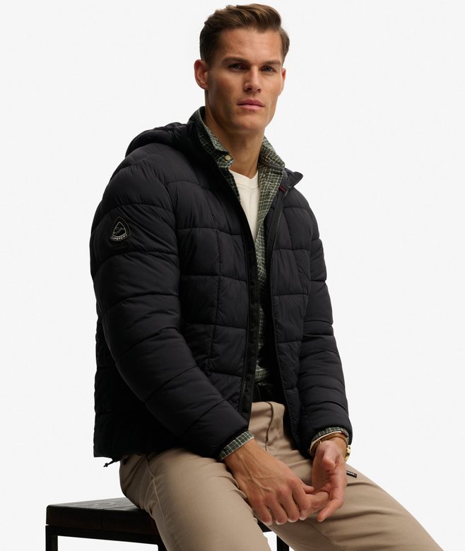 mens Hooded Box Quilt Fuji Lite Jacket in Black | Superdry UK