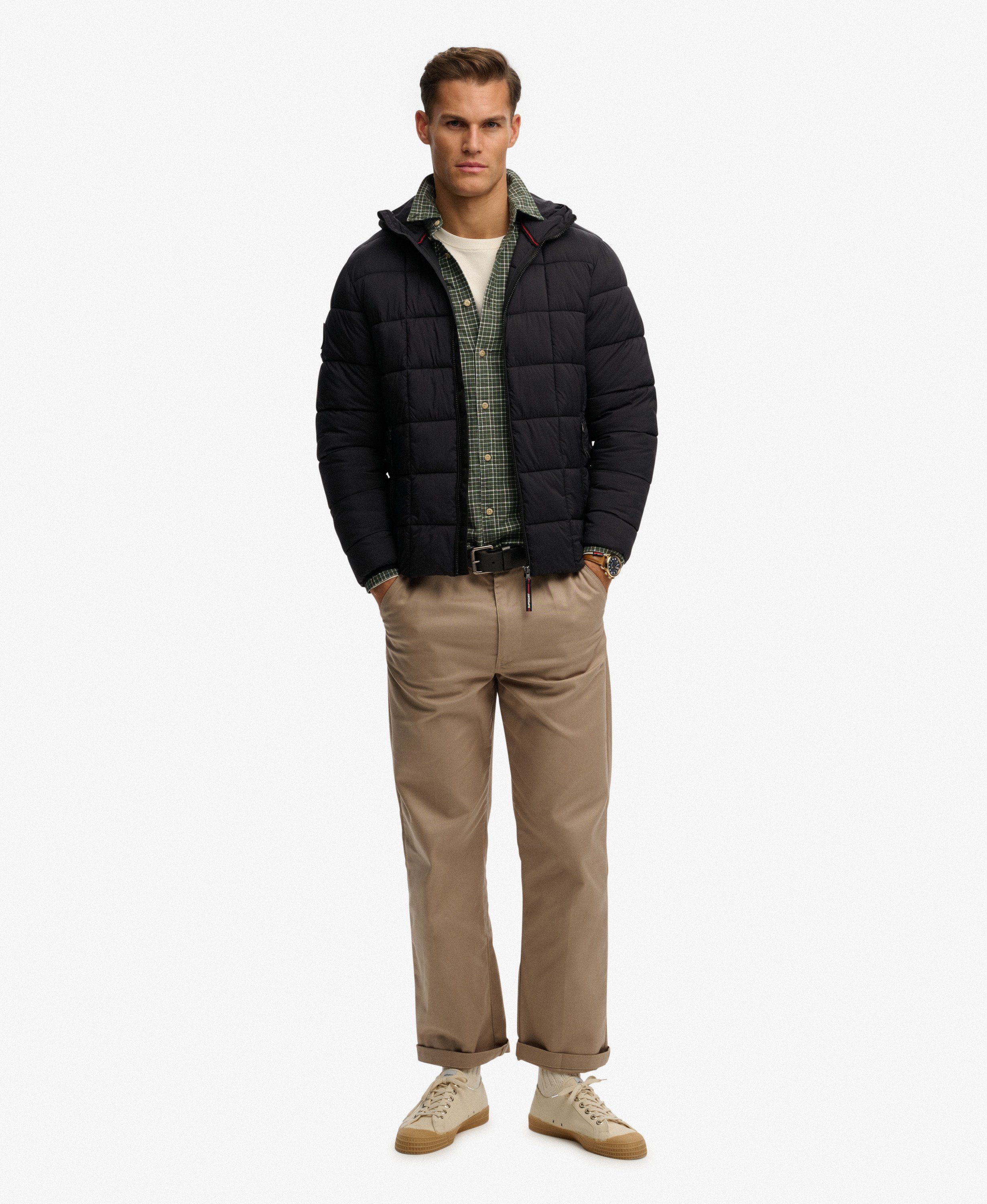 mens Hooded Box Quilt Fuji Lite Jacket in Black | Superdry UK