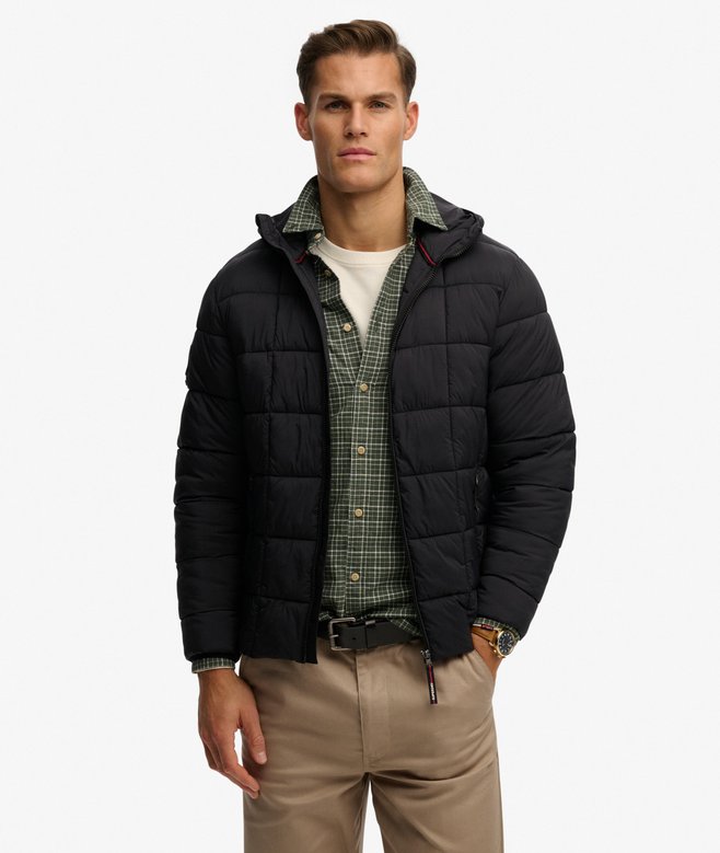 mens Hooded Box Quilt Fuji Lite Jacket in Black | Superdry UK