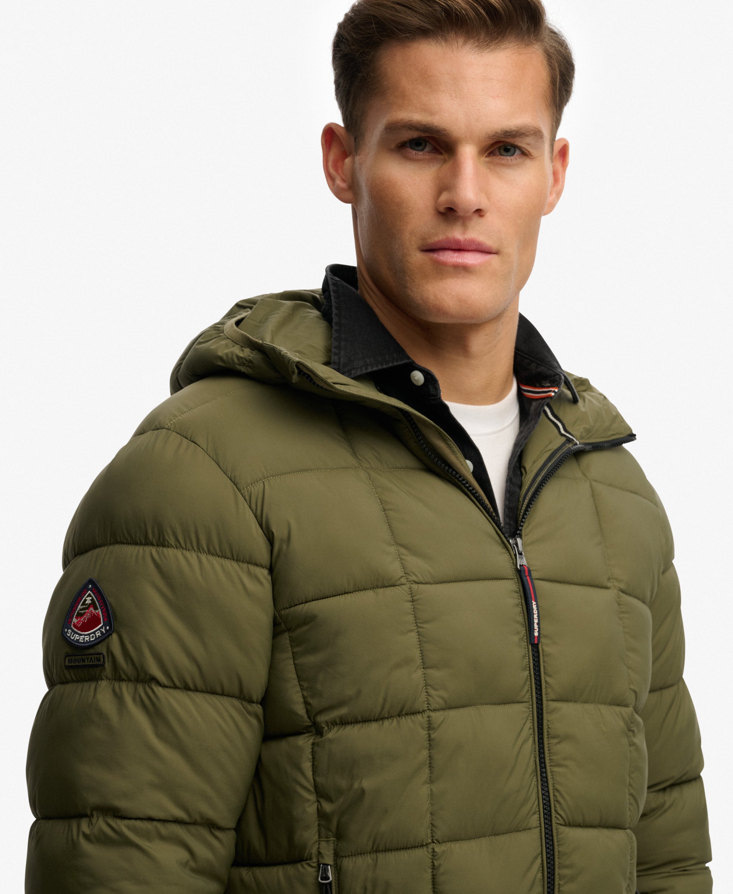 mens Hooded Box Quilt Fuji Lite Jacket in Chive Green | Superdry UK