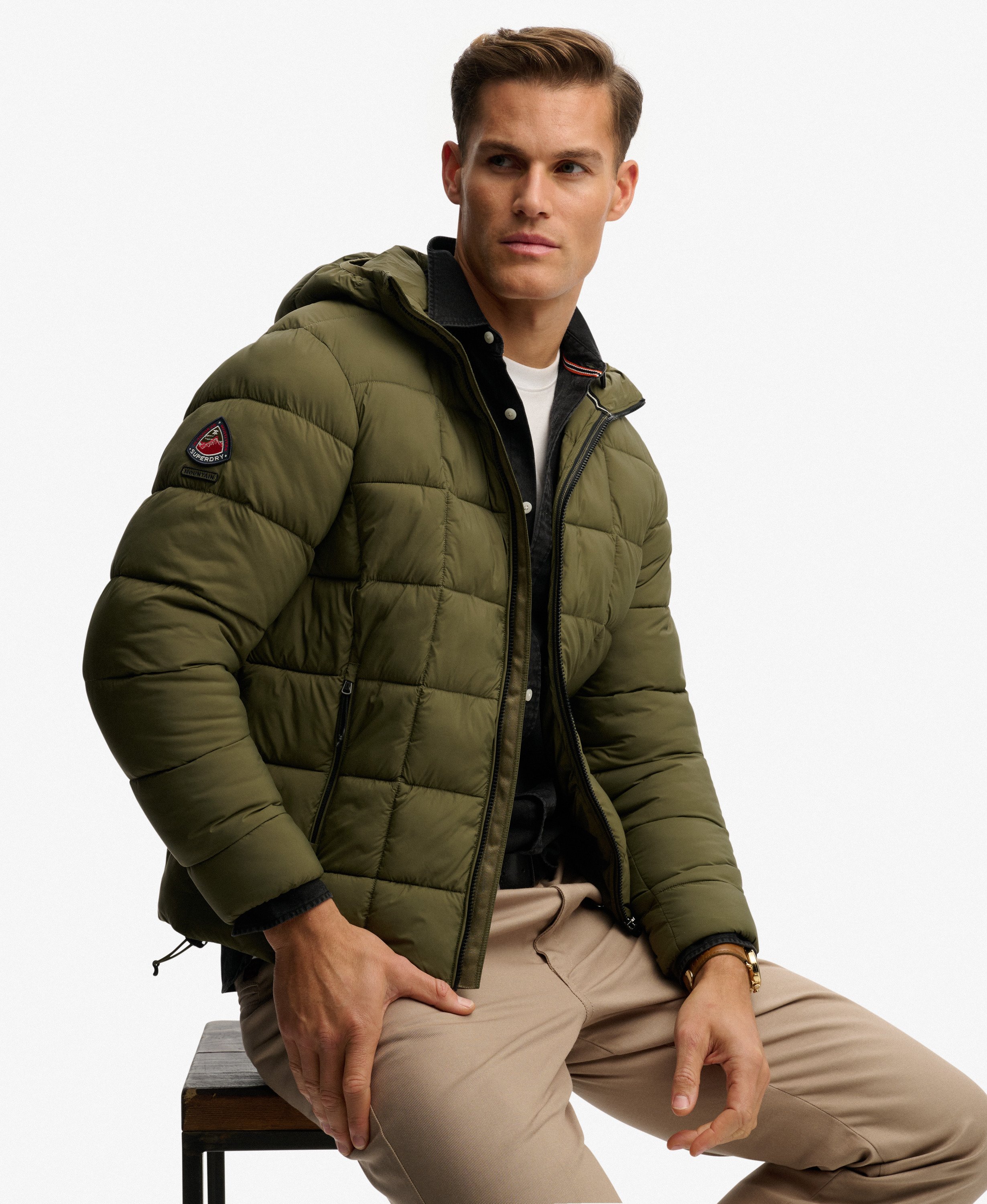 mens Hooded Box Quilt Fuji Lite Jacket in Chive Green | Superdry UK