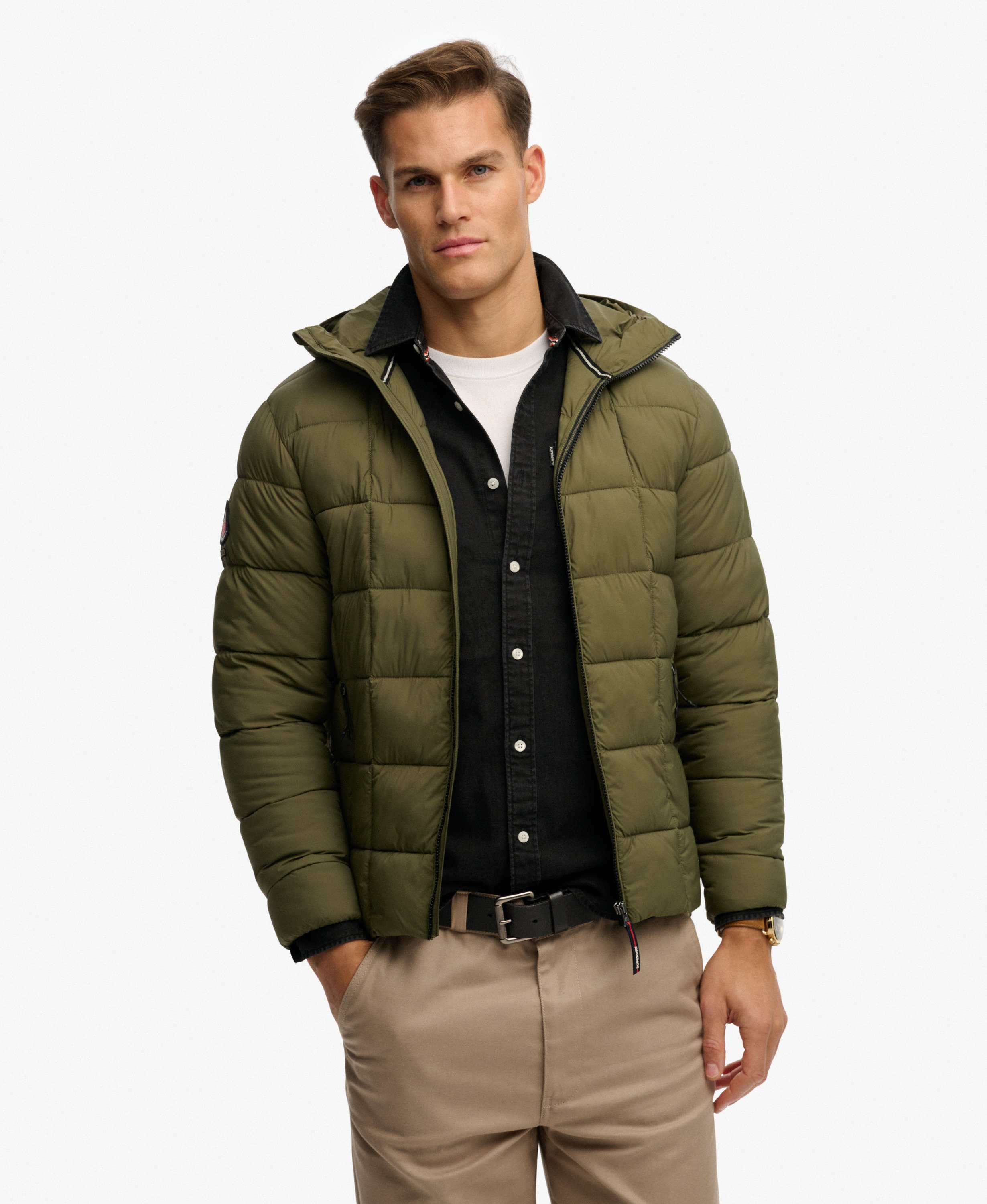 mens Hooded Box Quilt Fuji Lite Jacket in Chive Green | Superdry UK