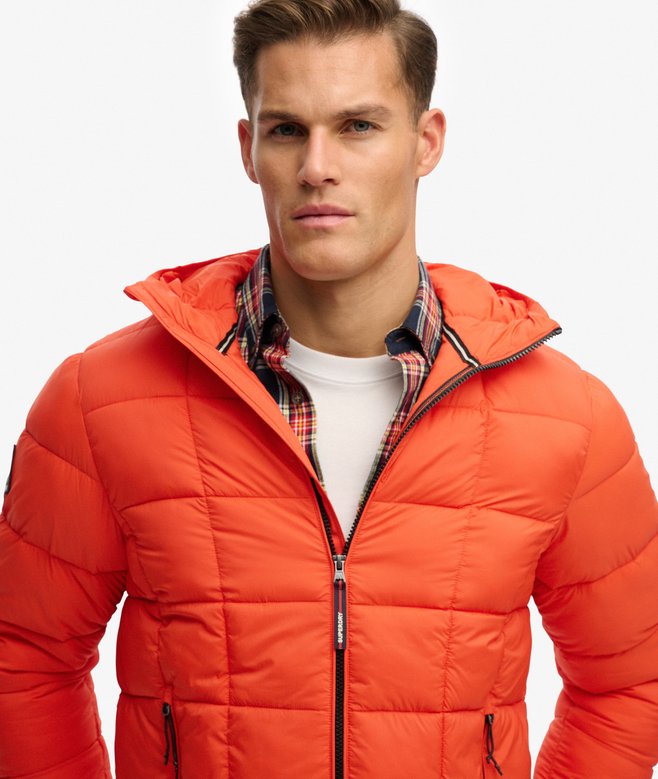mens Hooded Box Quilt Fuji Lite Jacket in Peak Orange | Superdry UK