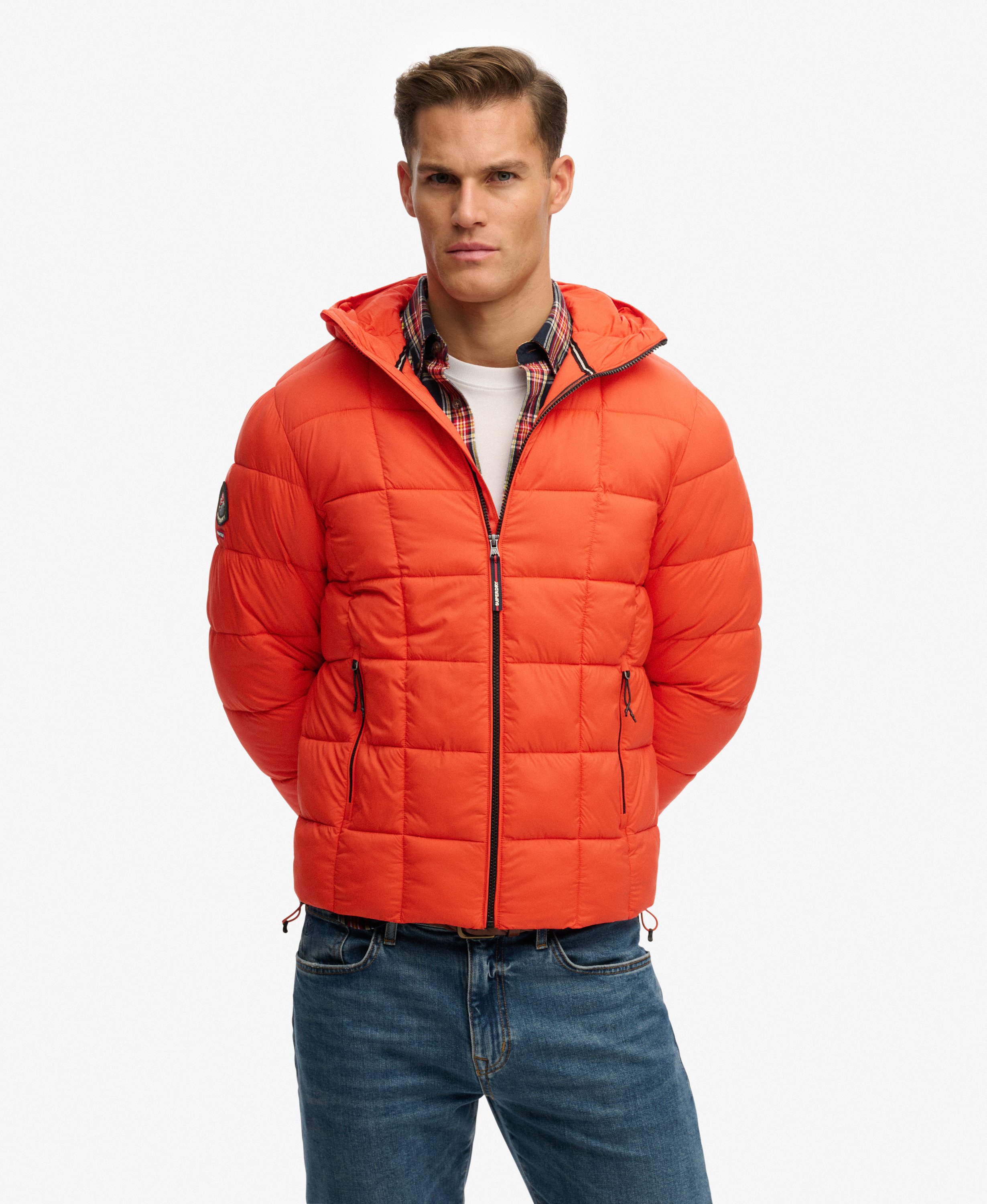 mens Hooded Box Quilt Fuji Lite Jacket in Peak Orange | Superdry UK