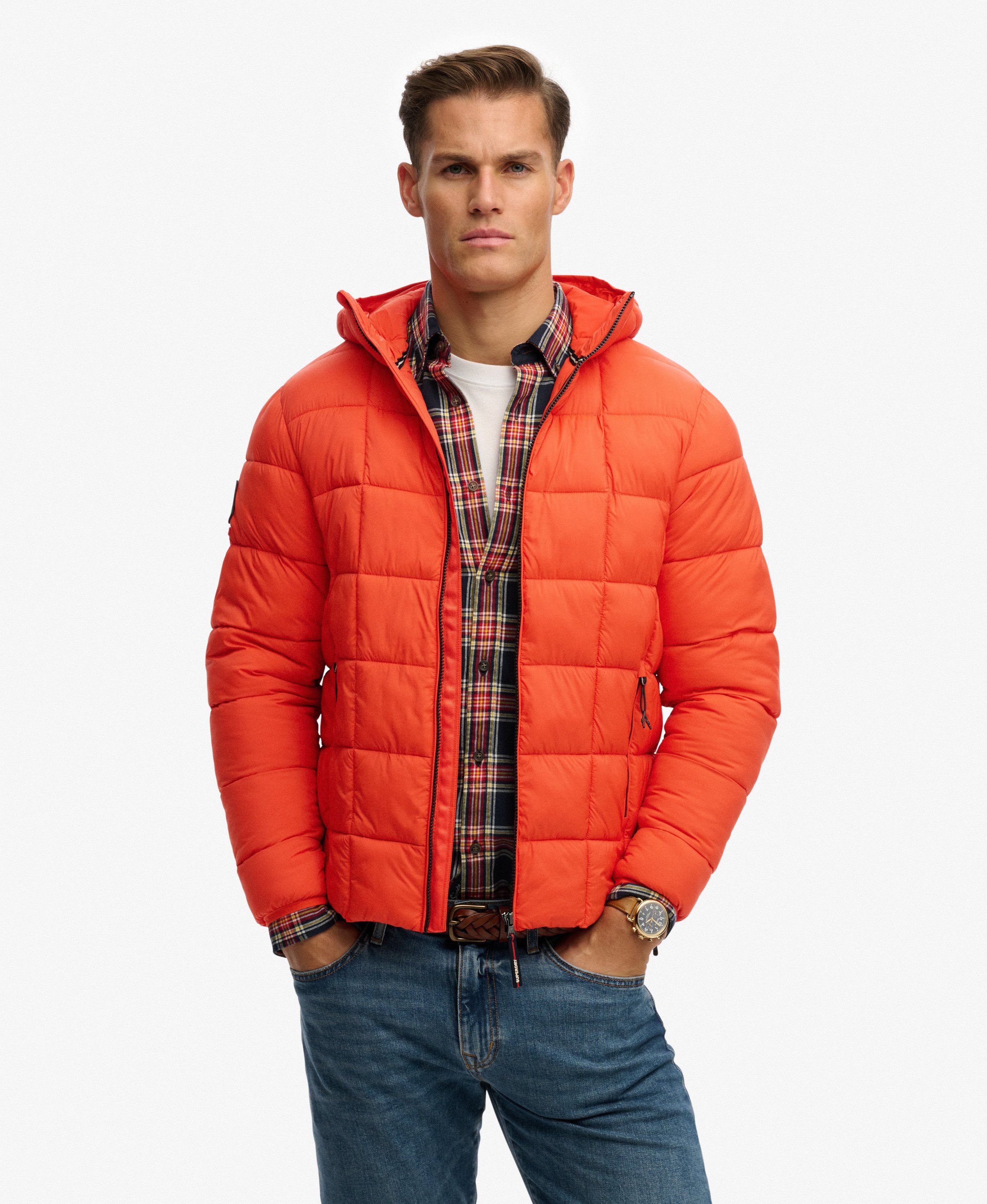 mens Hooded Box Quilt Fuji Lite Jacket in Peak Orange | Superdry UK
