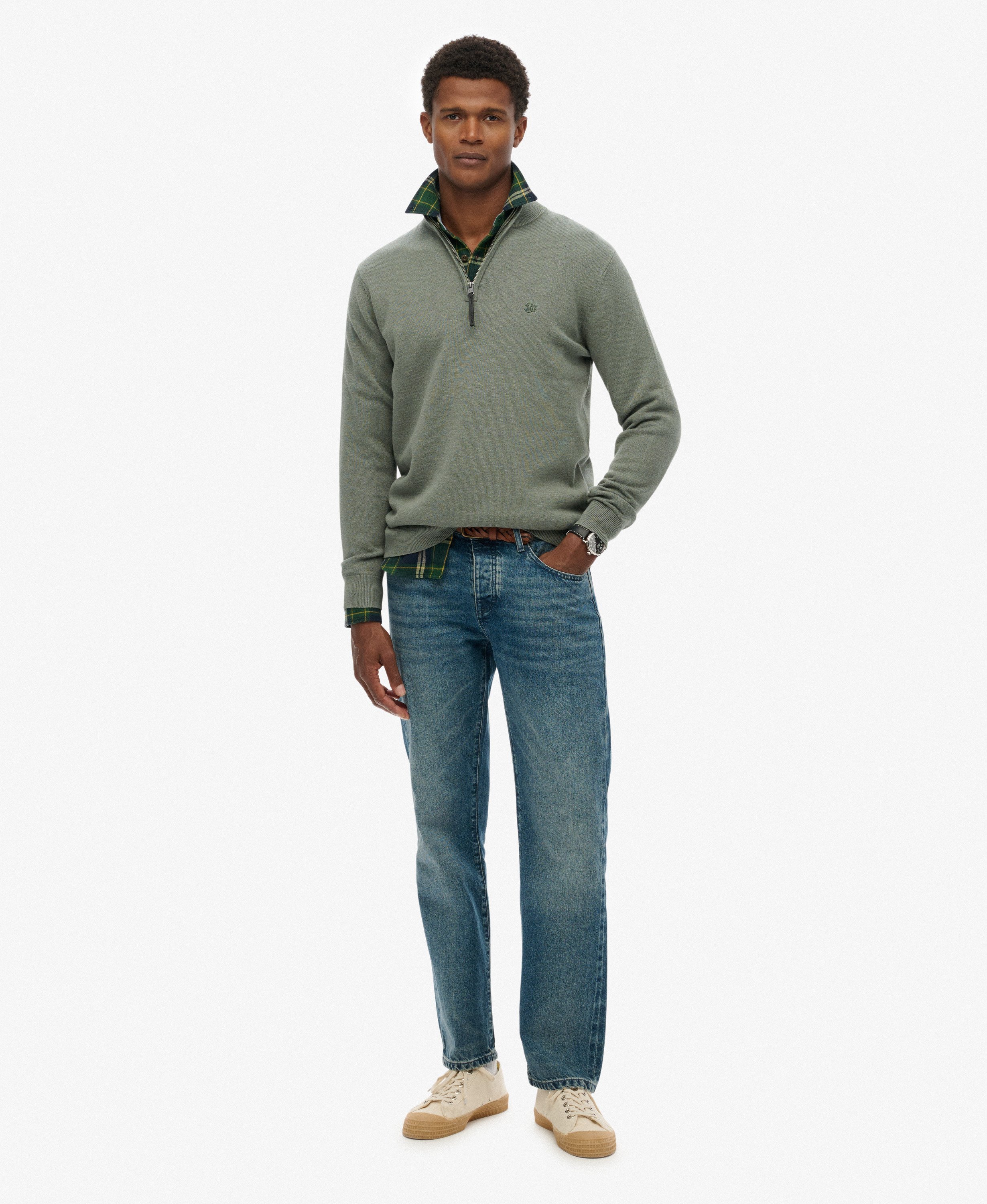 mens Essentials Cotton Half Zip Jumper in Lily Pad Green Marl | Superdry UK