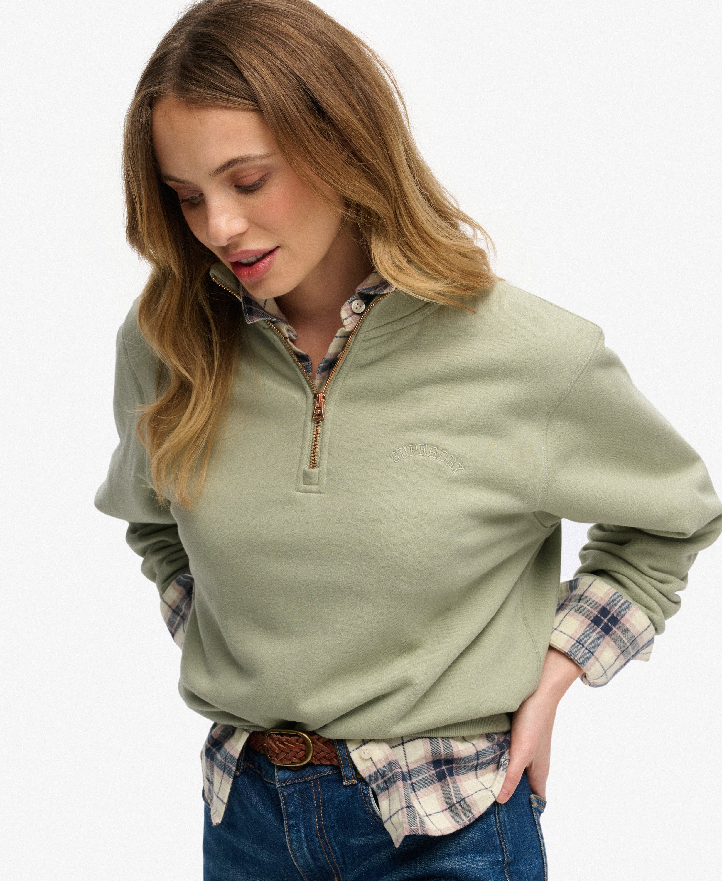 womens Essential Logo Embroidered Half Zip Jumper in Dusty Sage ...