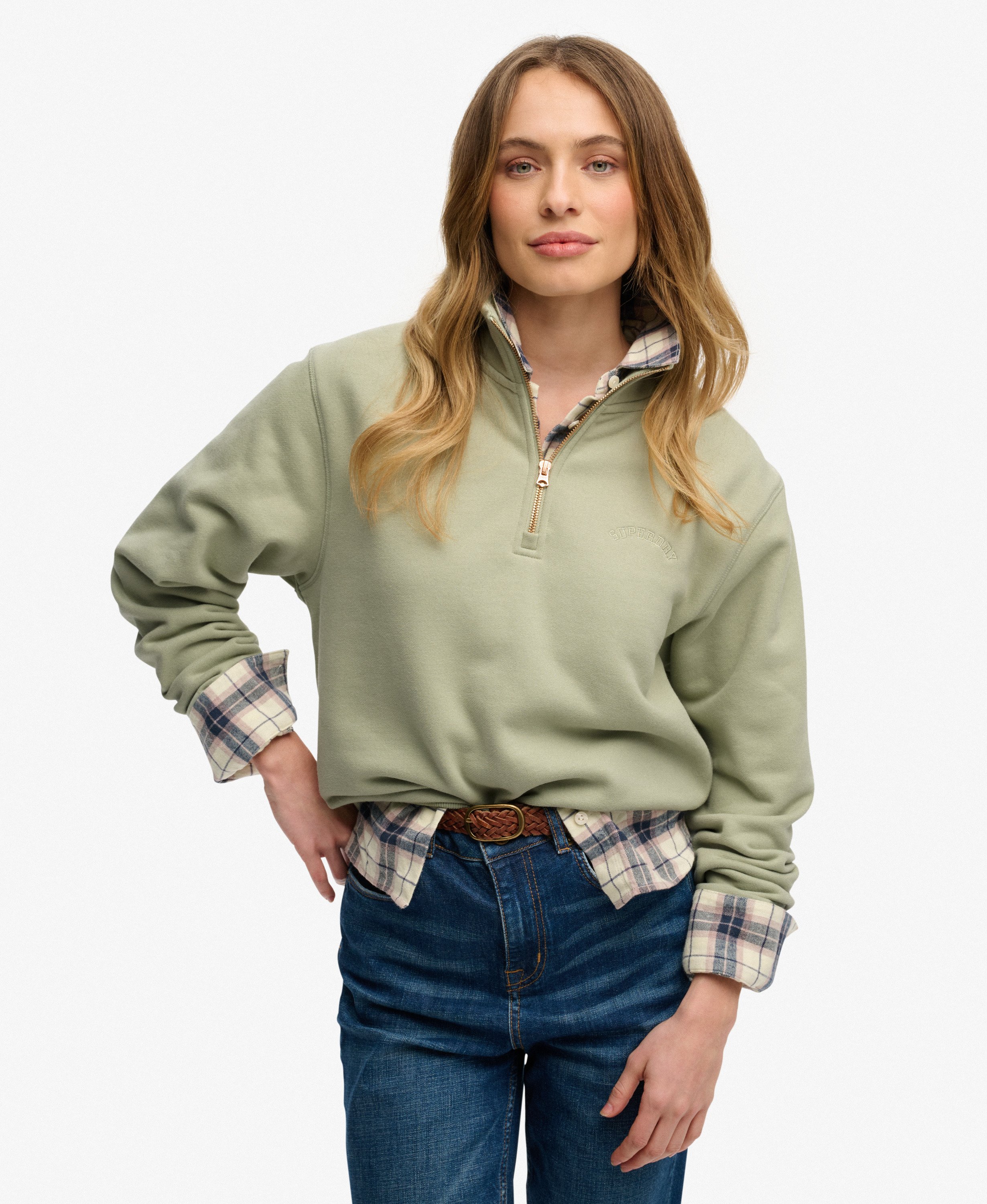 womens Essential Logo Embroidered Half Zip Jumper in Dusty Sage ...